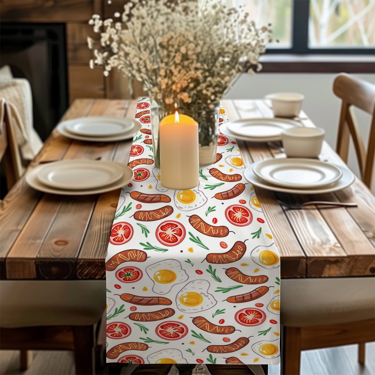 Poached Egg Hot Dog with Tomatoes Table Runner Kitchen Table r ...