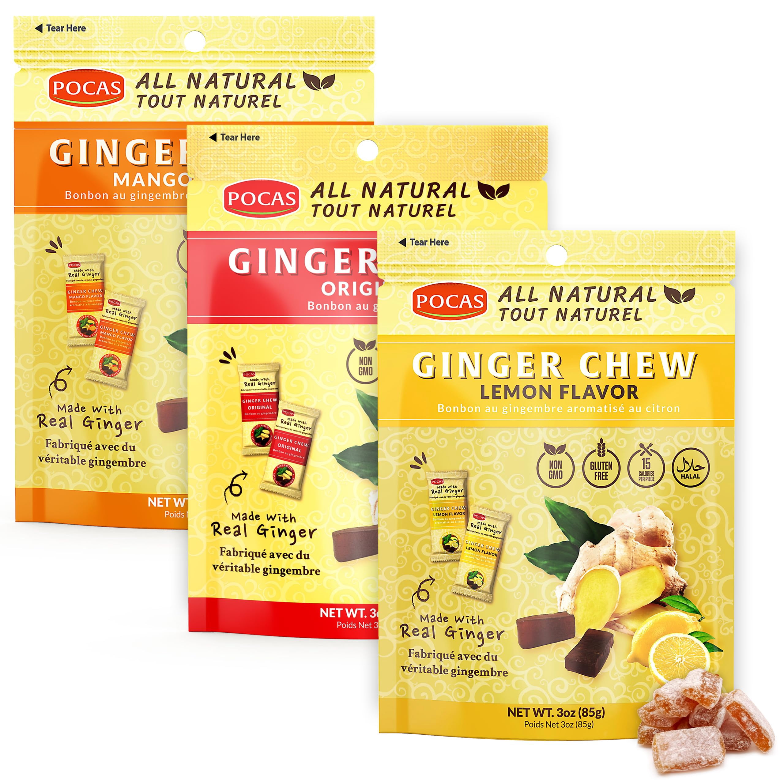 Pocas Ginger Chews, Variety AKF18 Pack - Mango, Original, and Lemon ...
