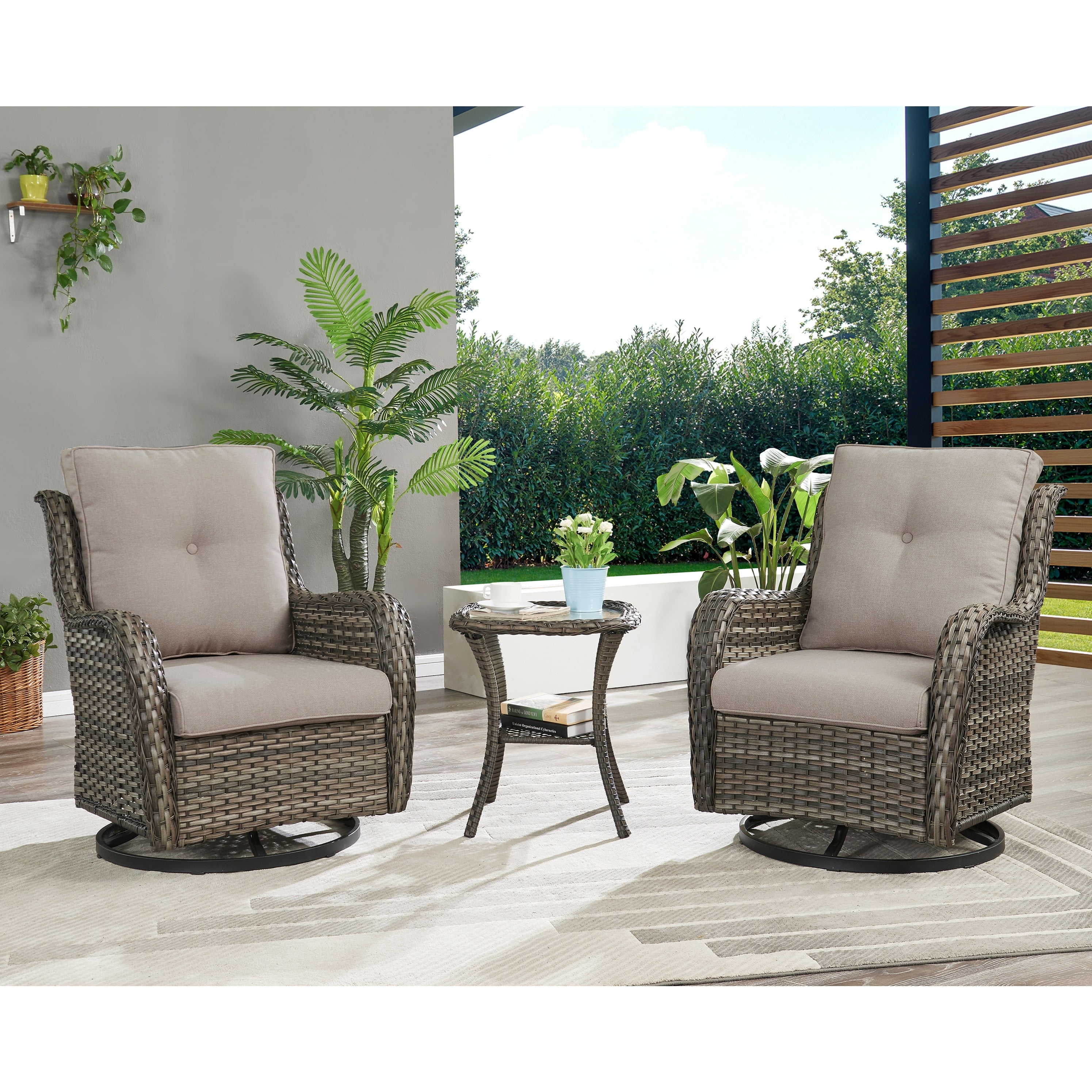 Pocassy 3-Piece Outdoor Swivel Bistro Set, Wicker Rocking Chairs Grey ...