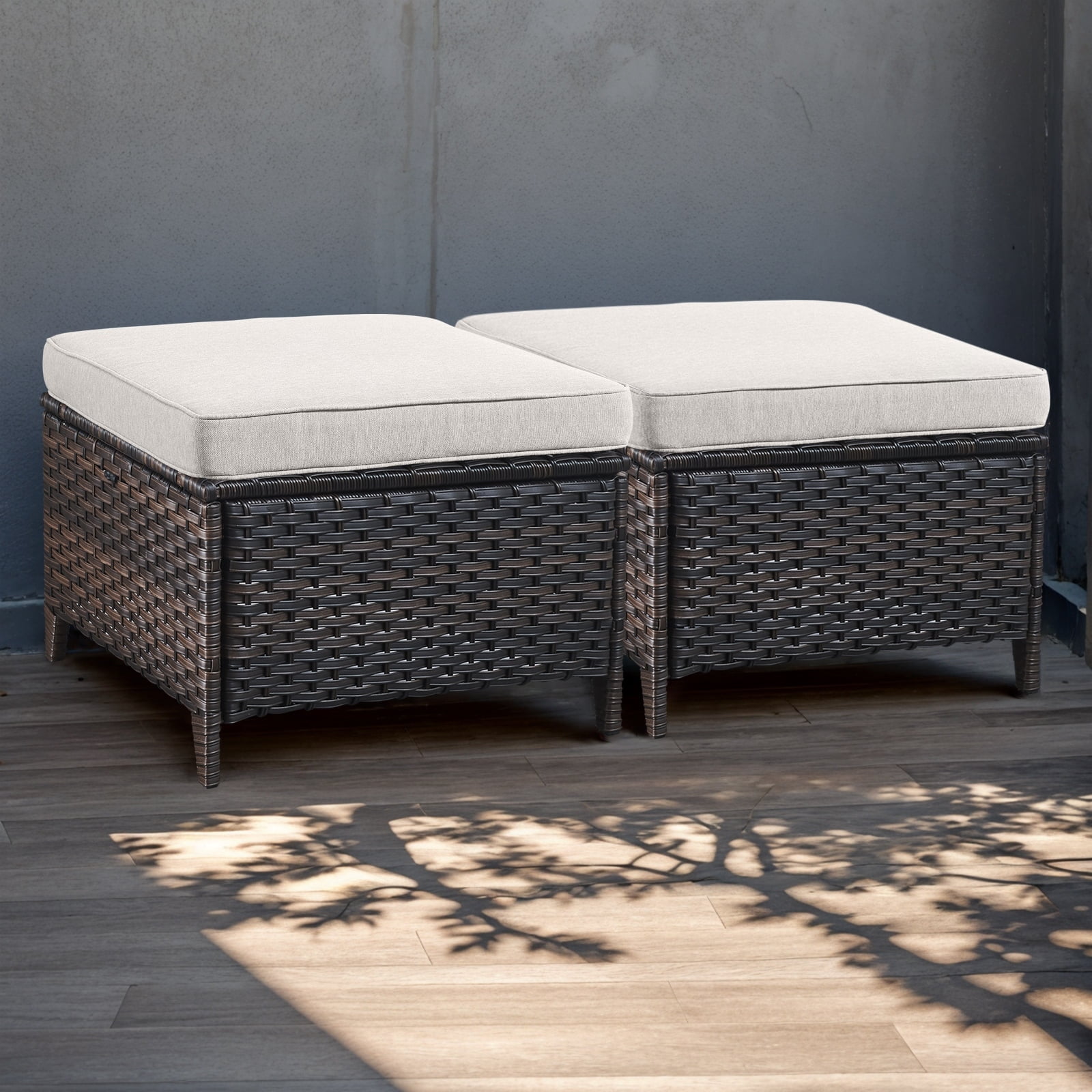 Pocassy Wicker Rattan Ottoman Outdoor Patio Ottoman Brown - Beige ...