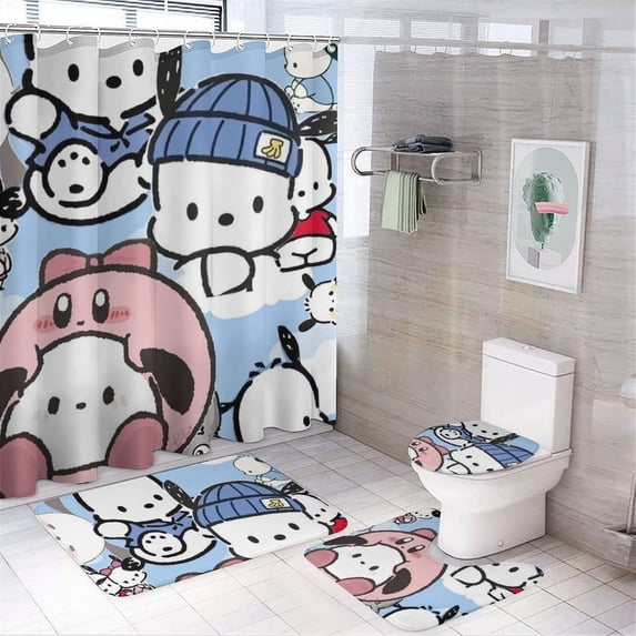 Pochacco 4 Pcs Shower Curtain Sets with Rugs, Bath Mat, U Shape And ...
