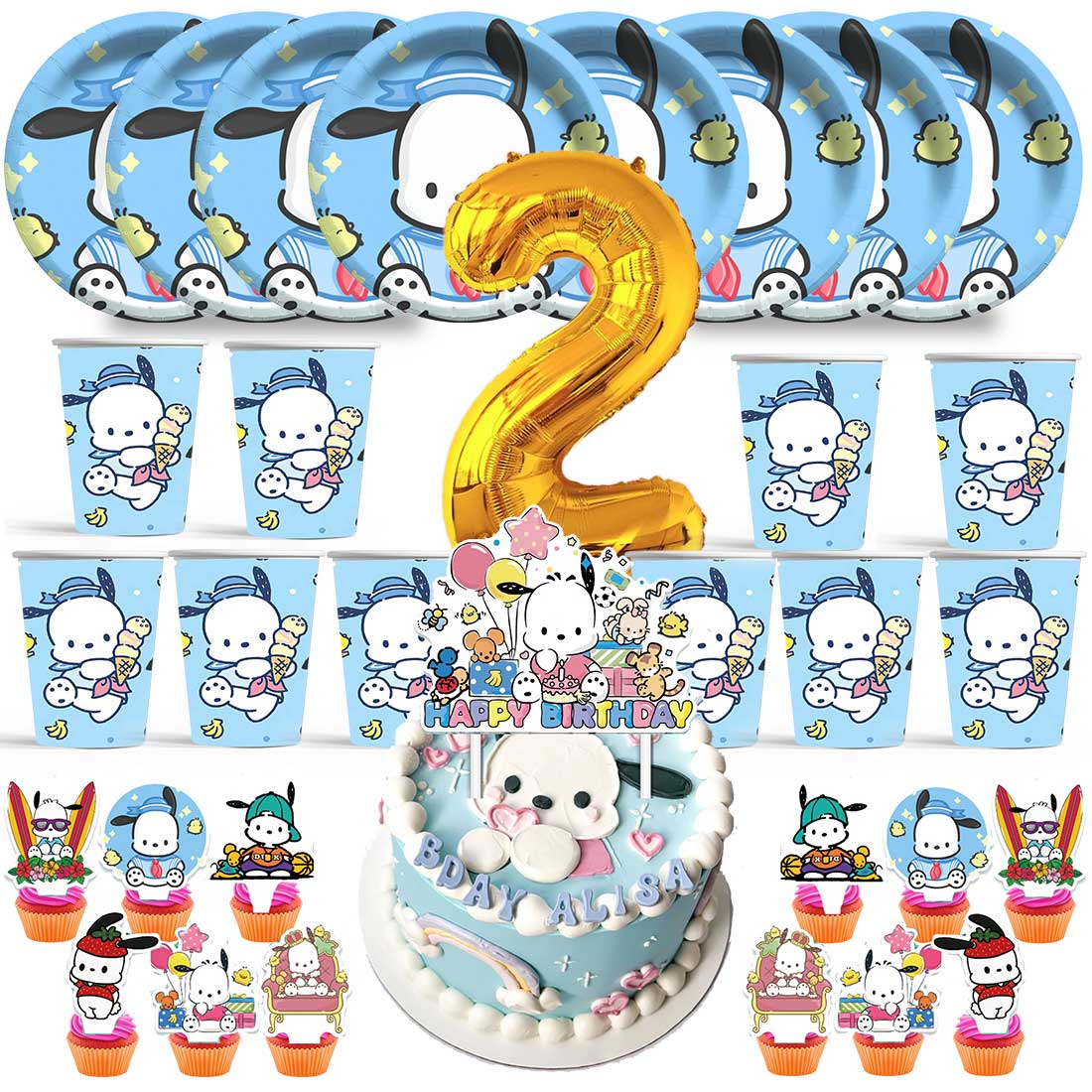 Pochacco Birthday 2nd Cups Party Supplies Plates Fans Decorations Cake ...