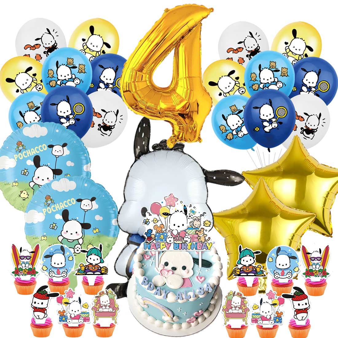 Pochacco Party Supplies 4th Decor Kit Balloons Birthday Cake Topper ...