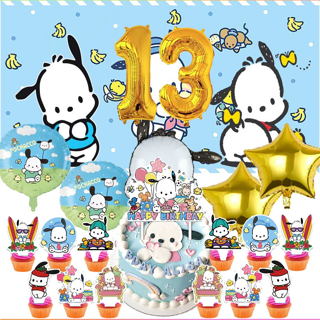 Pochacco Party Supplies Decor 13th Kit Balloons Birthday Cake Topper ...