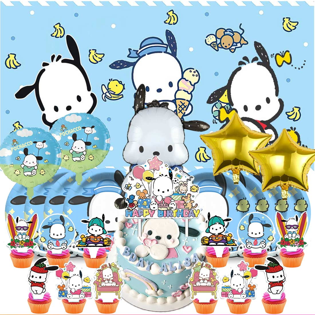 Pochacco Party Supplies Decor Tableware Backdrop Banner Cake Topper ...