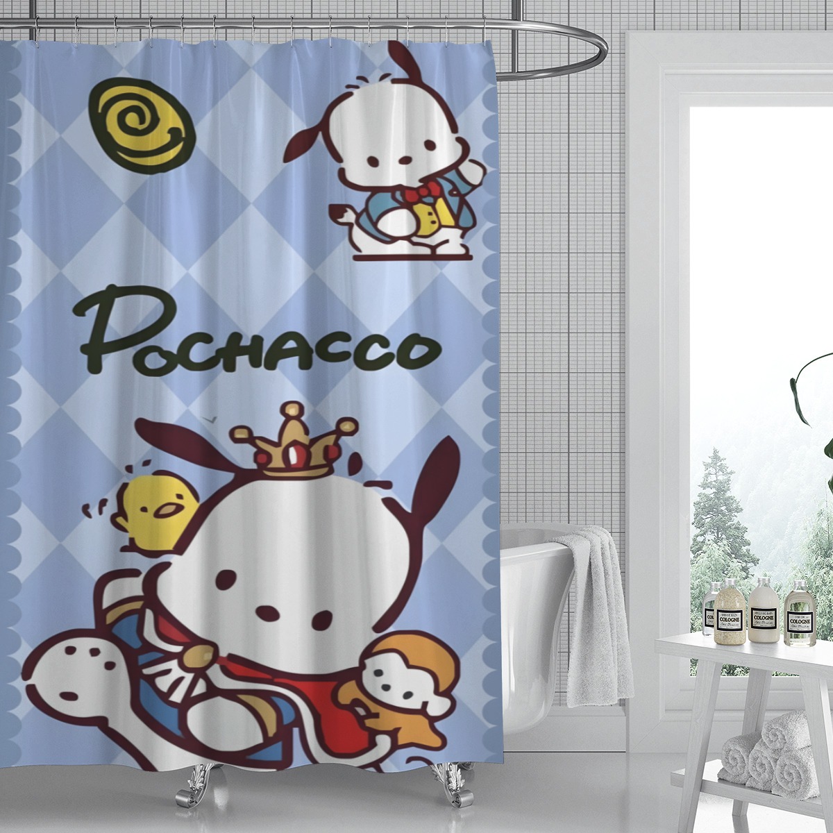 Pochacco shower curtain comes with an iconic design, waterproof fabric ...
