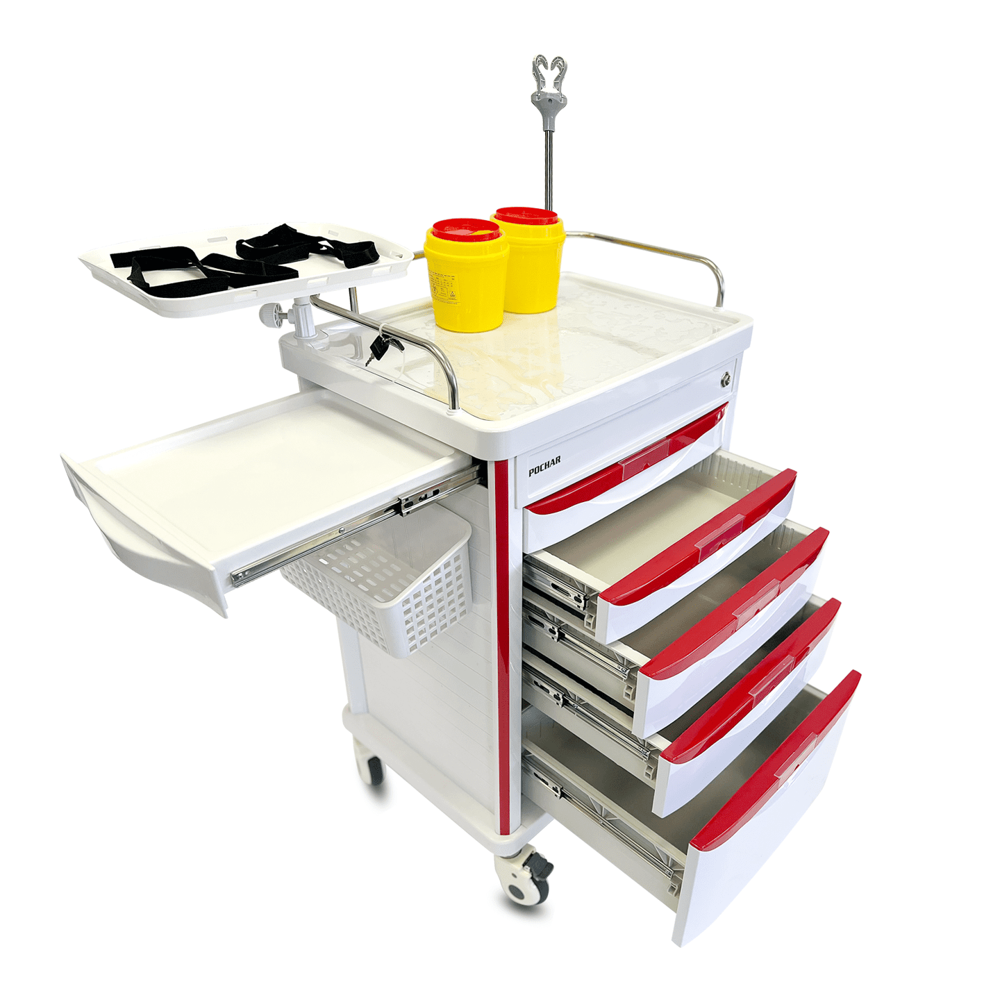 Pochar Medical Crash Cart with Emergency Accessory - Cardiac Board, IV ...