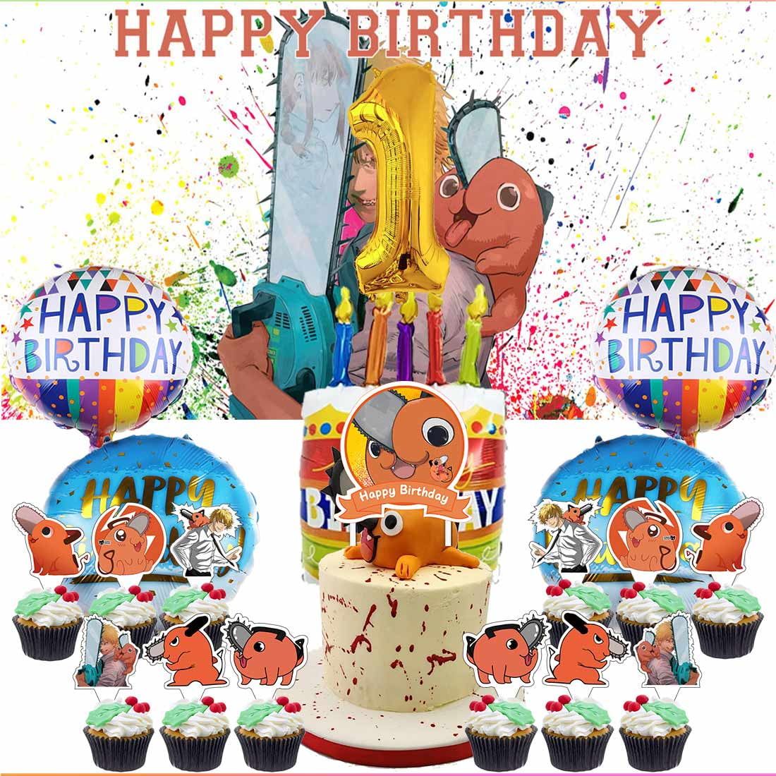 Pochita Party Supplies Decor 1st Kit Balloons Birthday Cake Topper ...