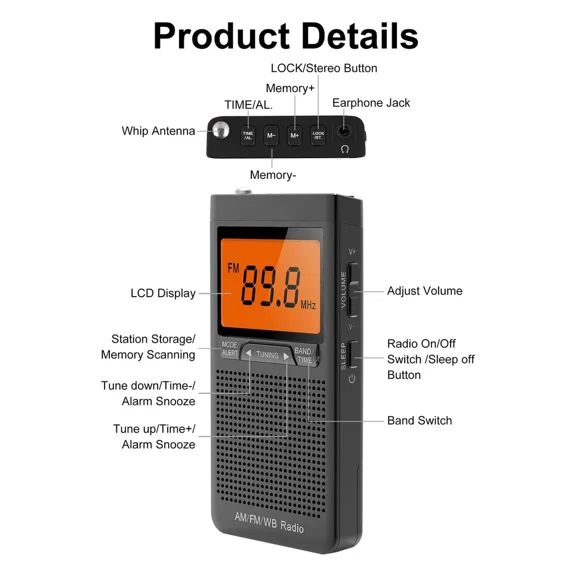 Pocket AM FM Radio Auto-Search NOAA Emergency Receiver Battery Operated ...