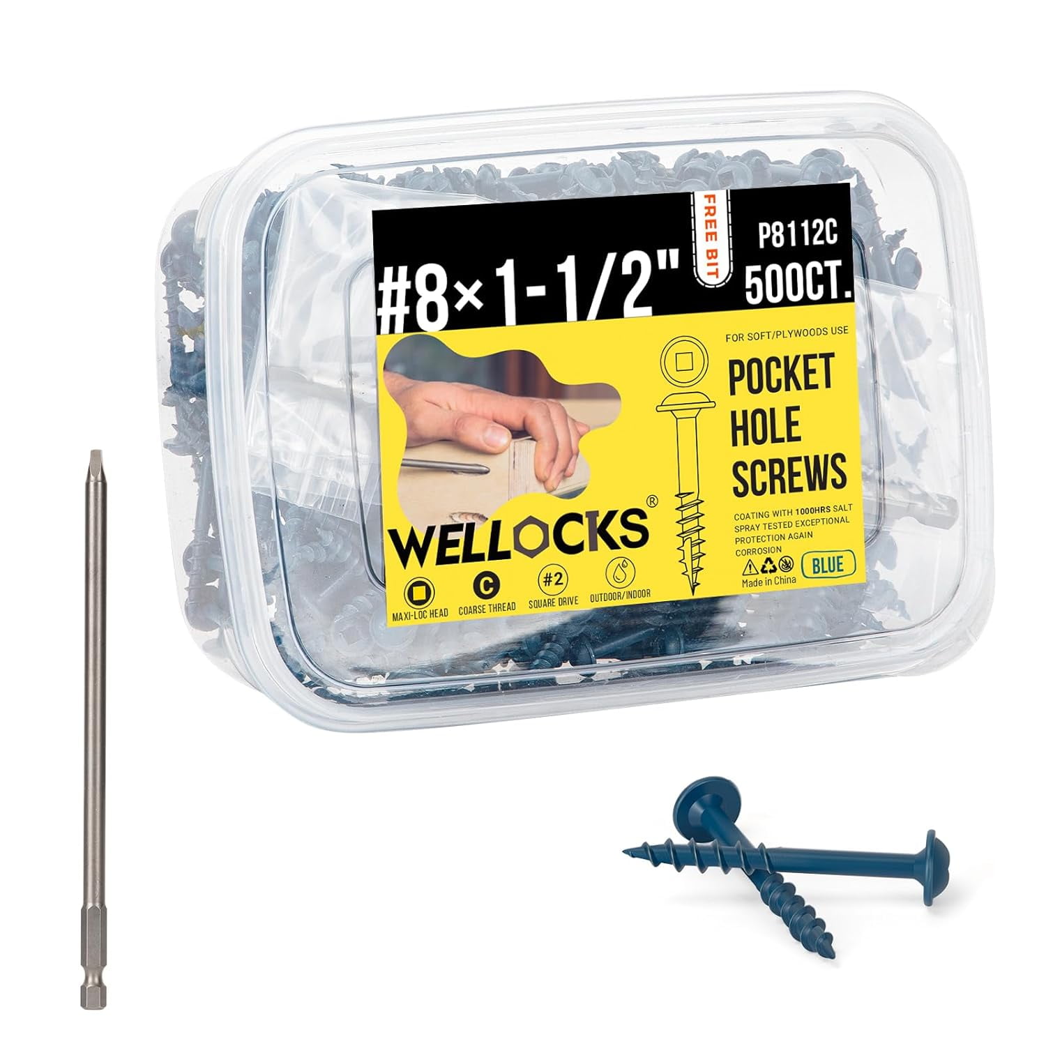 Pocket Hole Screws #8×1-1/2" 500PCS Blue 6" Long SQ2 Bit Included ...