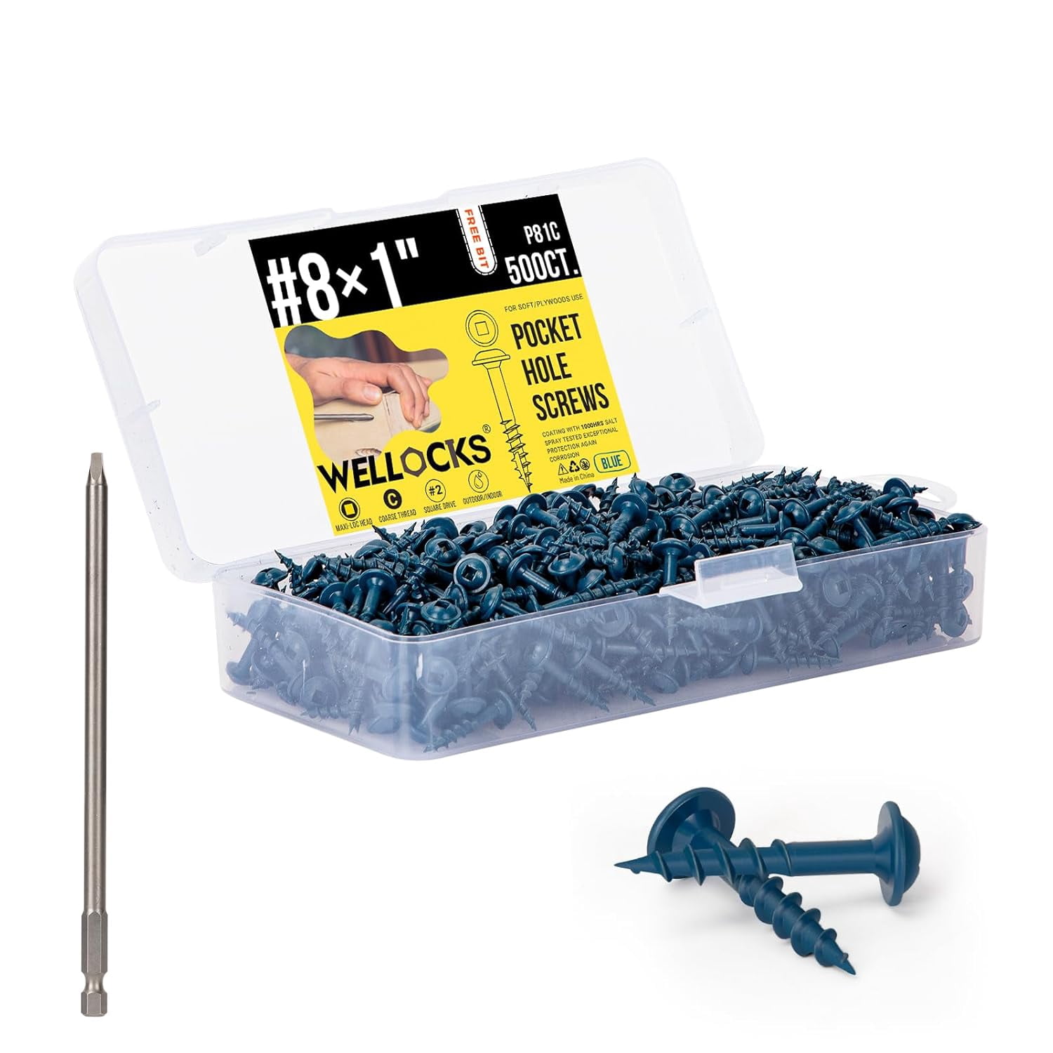 Pocket Hole Screws #8×1" 500PCS Blue 6" Long SQ2 Bit Included 1000hrs ...