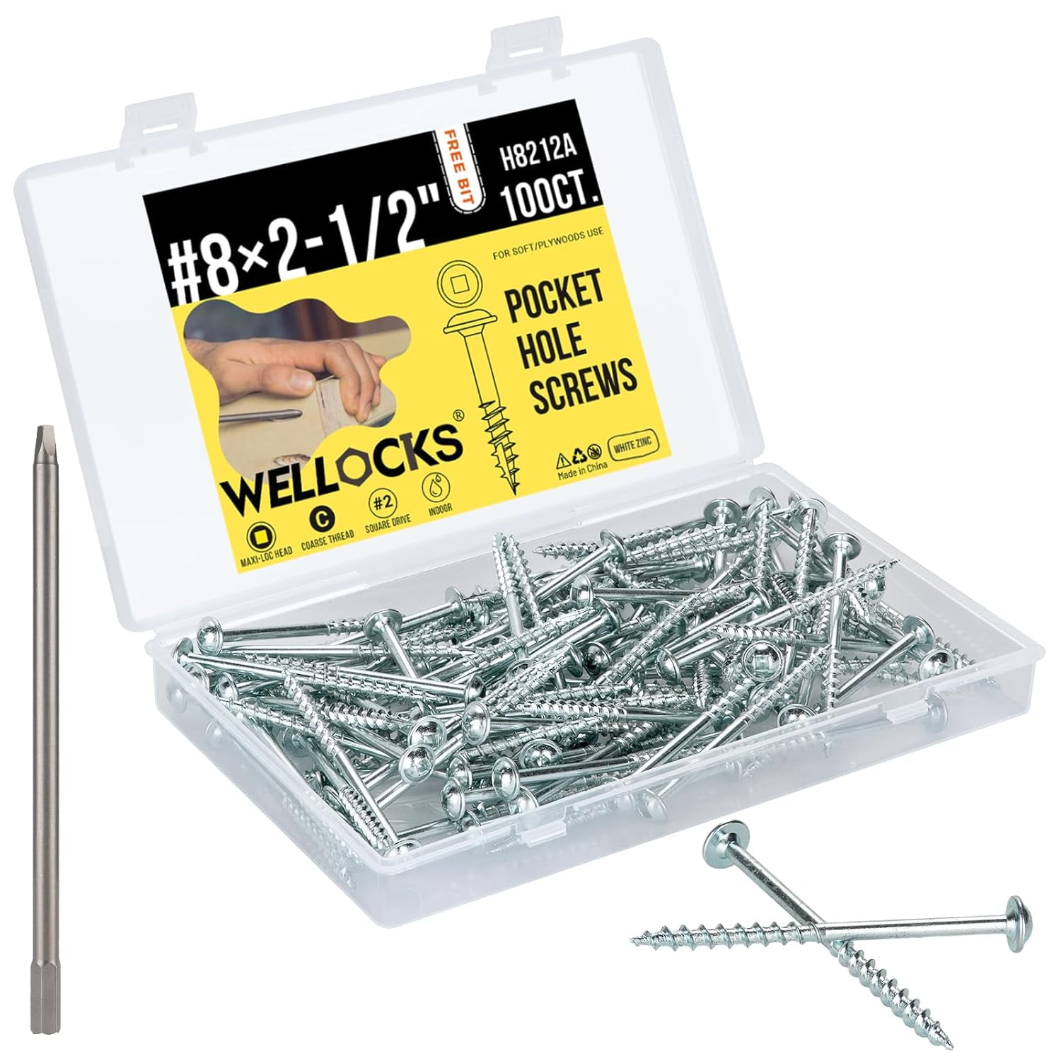 Pocket Hole Screws #8×2-1/2" 100PCS 6" Long SQ2 Bit Included White Zinc ...