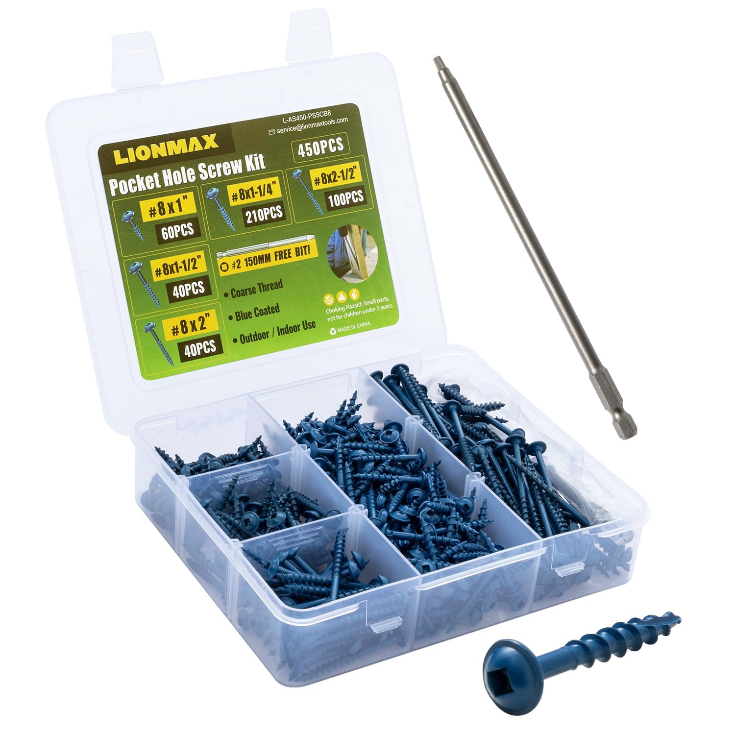 Pocket Hole Screws Assortment Kit, 450 PCS in 5 Sizes, 8 x 1, 1-1/4", 1 ...