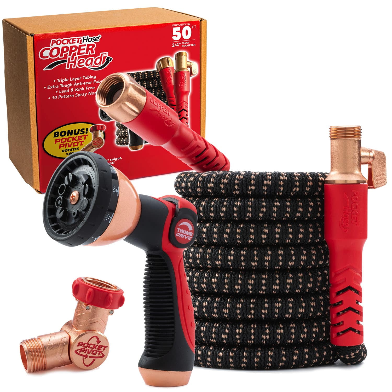 Pocket Hose Copper Head UV w/ Pocket Pivot, Expandable Garden Hose 50 FT w/10 Pattern Thumb ...