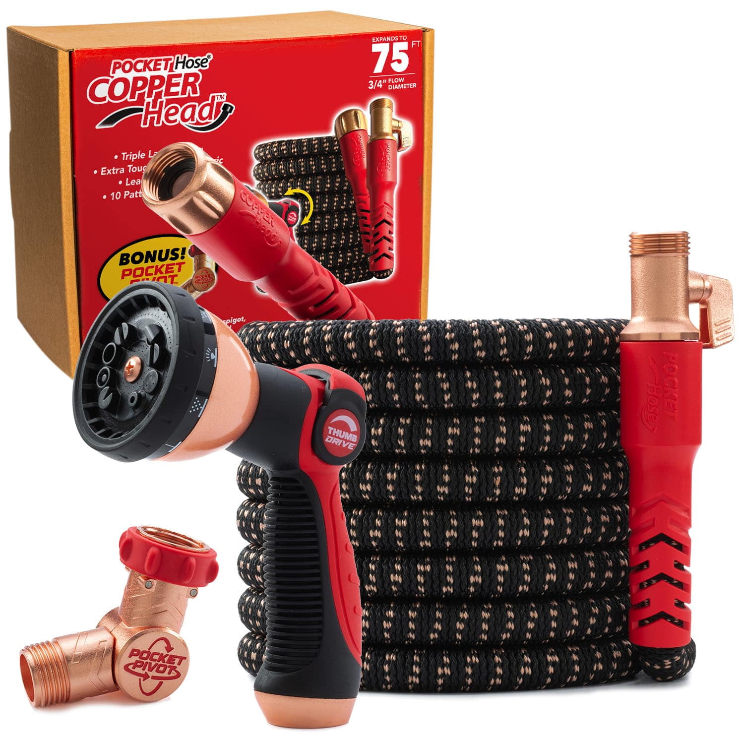 Pocket Hose Copper Head UV w/ Pocket Pivot, Expandable Garden Hose 75 ...