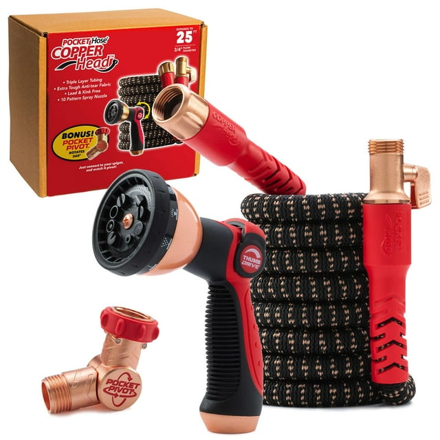 Pocket Hose Copper Head w/ Pocket Pivot, Expandable Garden Hose 25 FT w/10 Pattern Thumb Sprayer ...