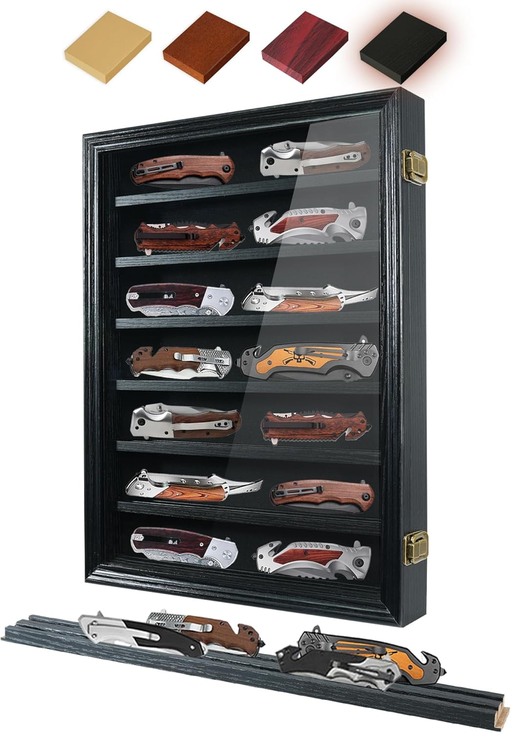 Pocket Knife Display Case 7 Rows Lockable Wooden Knife Shadow Box with ...