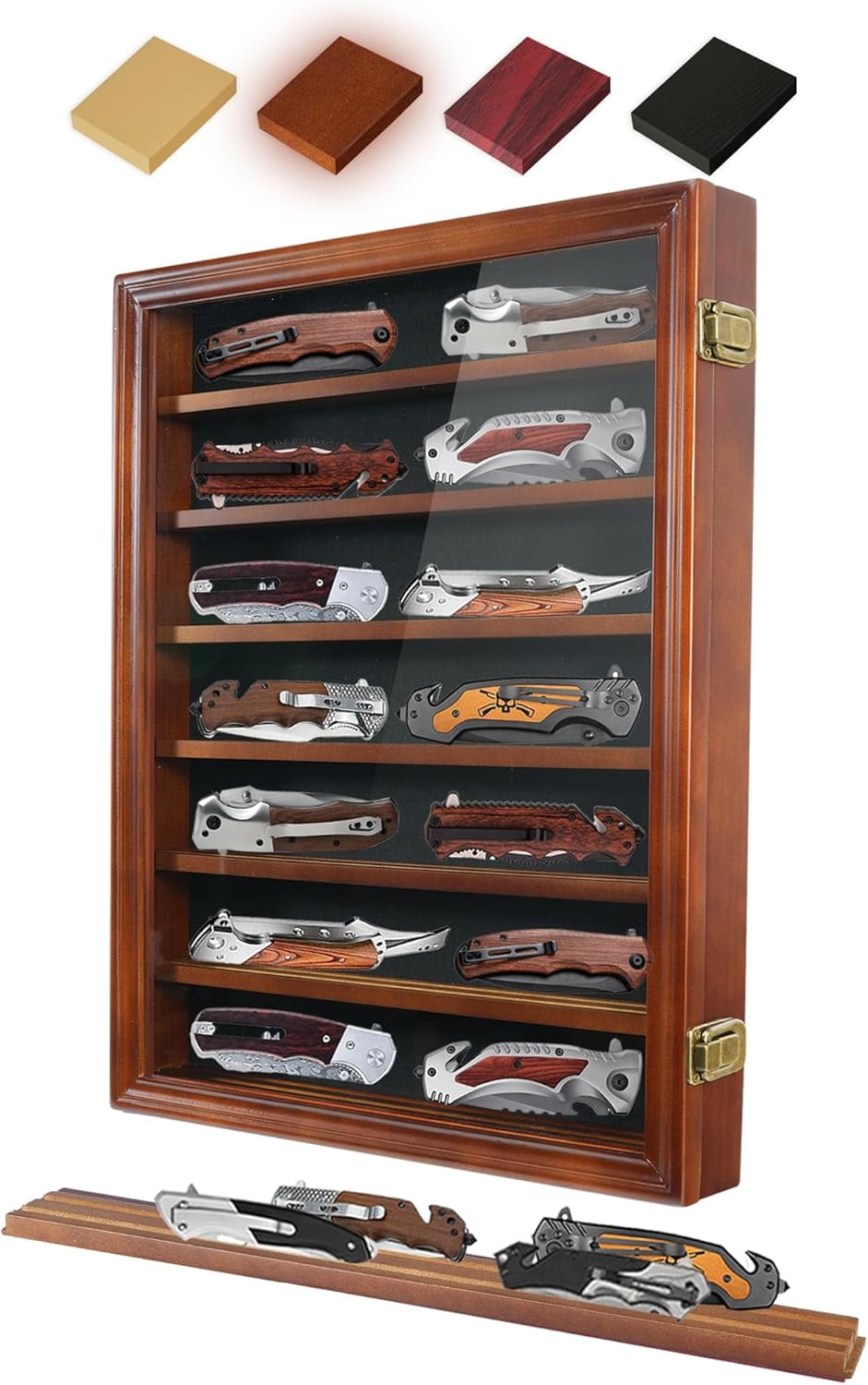 Pocket Knife Display Case 7 Rows Lockable Wooden Knife Shadow Box with ...