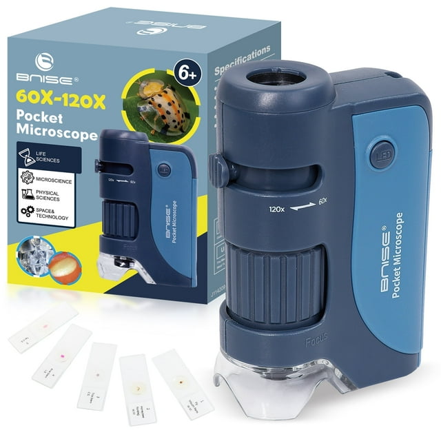BNISE Pocket Microscope with LED Light, 60x-120x Zoom & 5-Slide Set ...