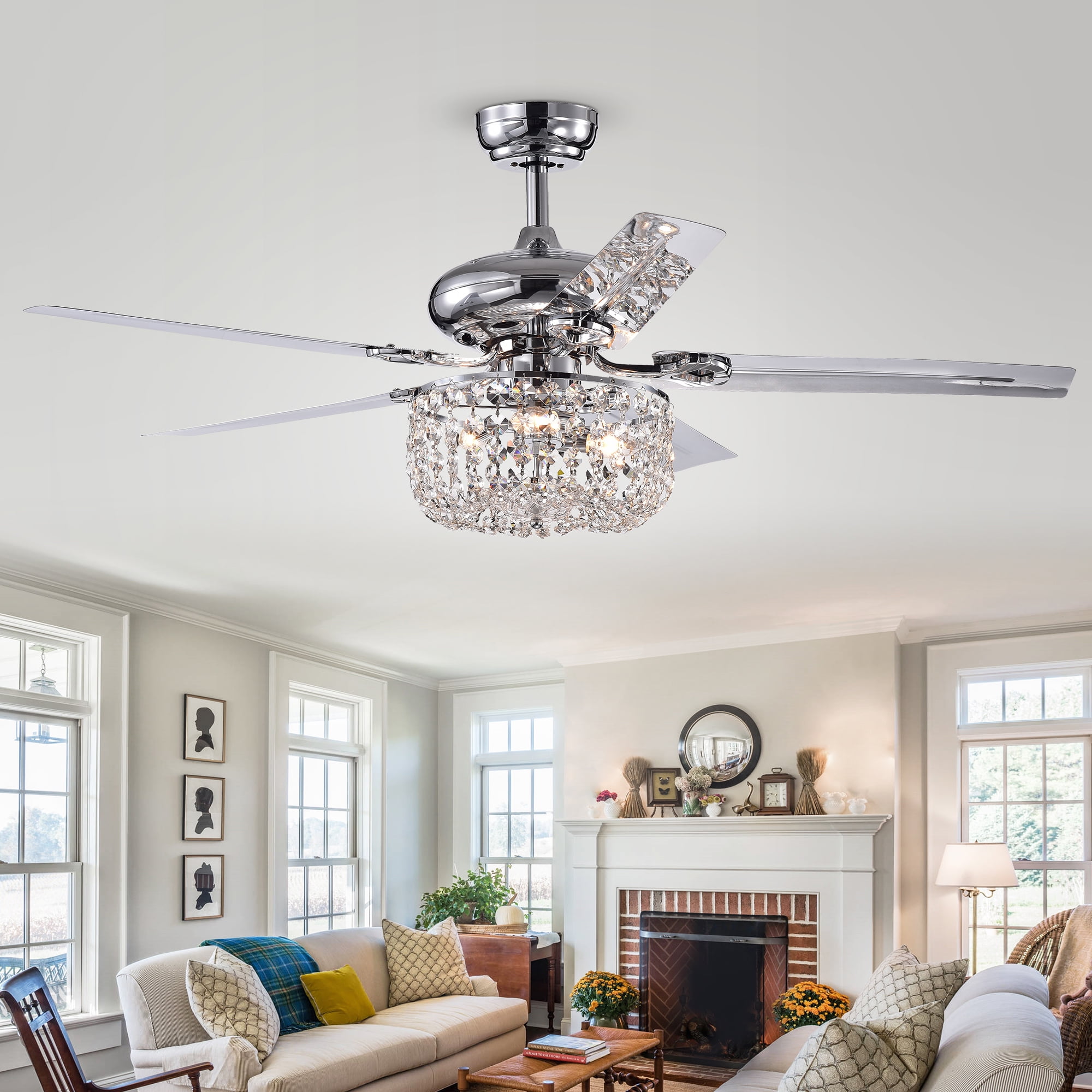 Pocra 49-inch Chrome Lighted Ceiling Fan with Crystal Basket Shade ...