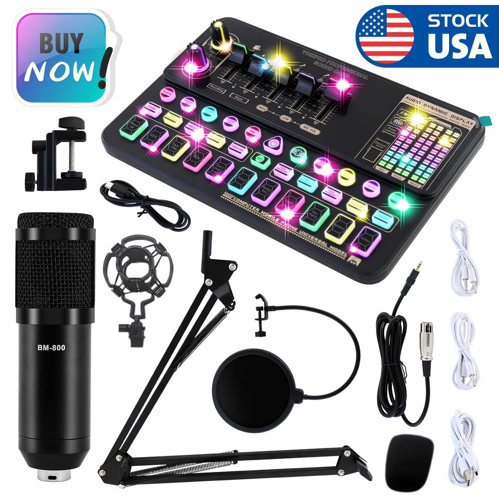 Podcast BM800 Condenser Microphone Sound Card Kit, V10XPRO Audio Mixer ...