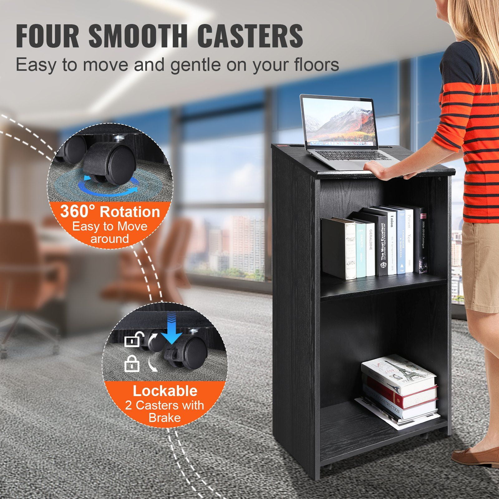 Podium Stand, 47 Inch Mobile Lectern with 4 Rolling Casters, Wooden ...