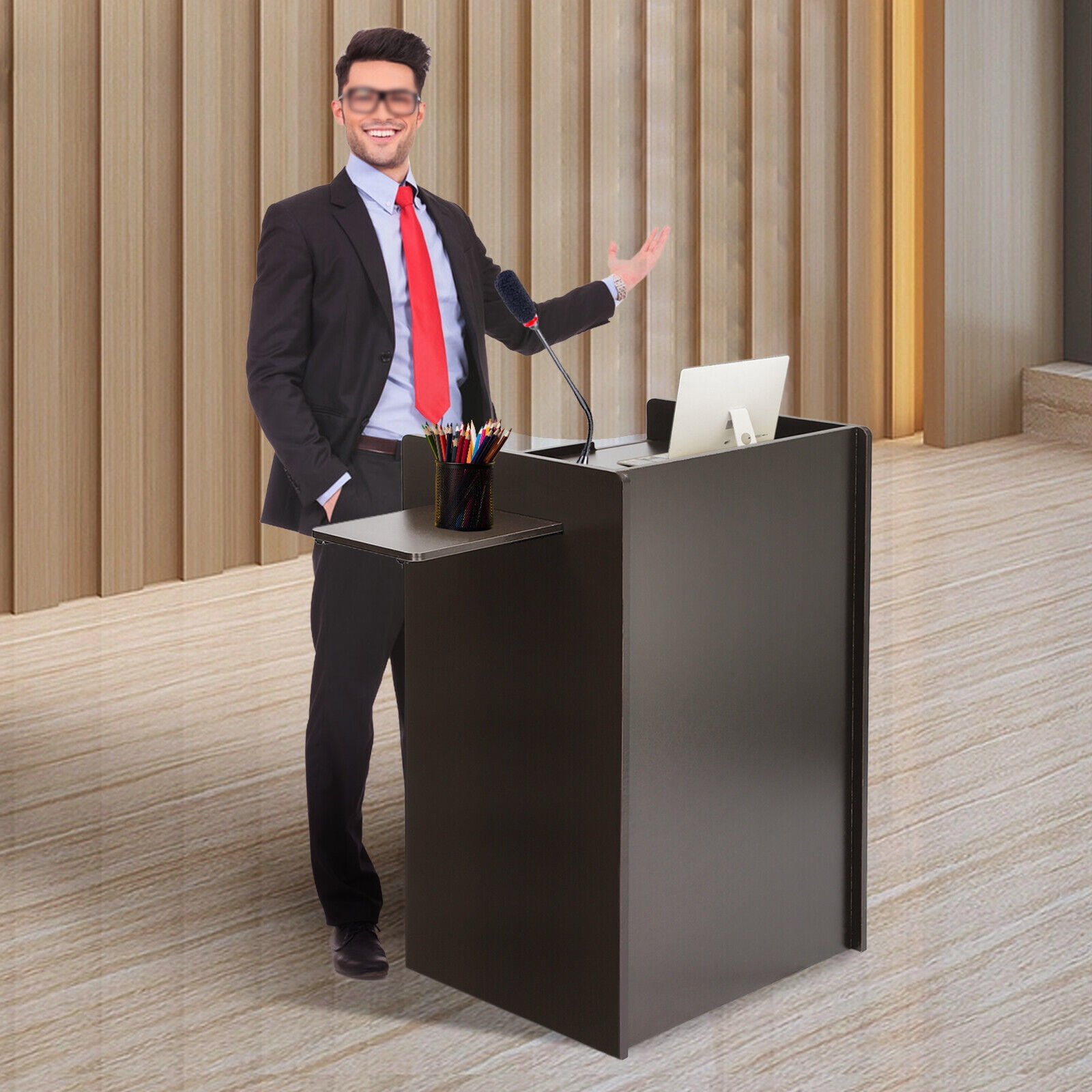 Podium Stand Freestanding Lectern Reception Desk with 4 Wheels for ...