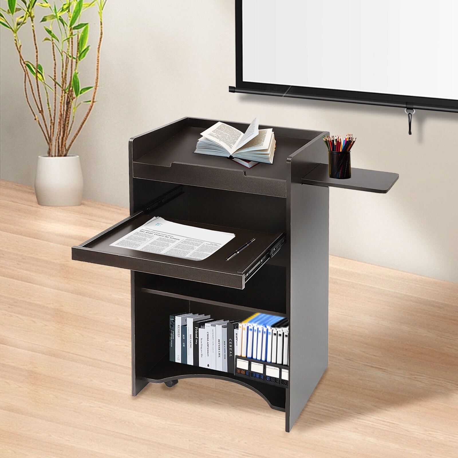 Podium Stand Freestanding Lectern Reception Desk with 4 Wheels for ...