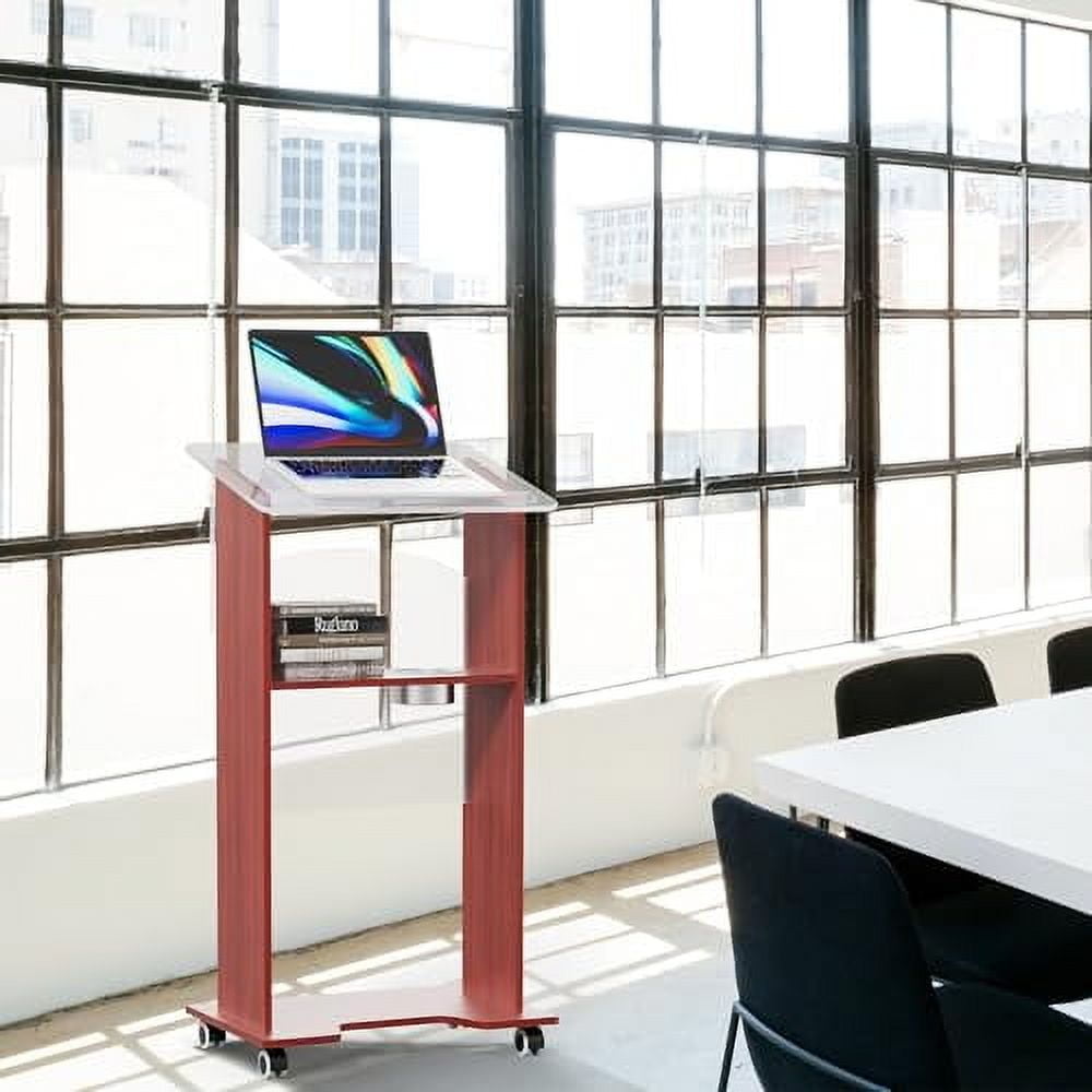 Podium Stand Portable with Wheels, Rolling Podium with Storage and Cup ...