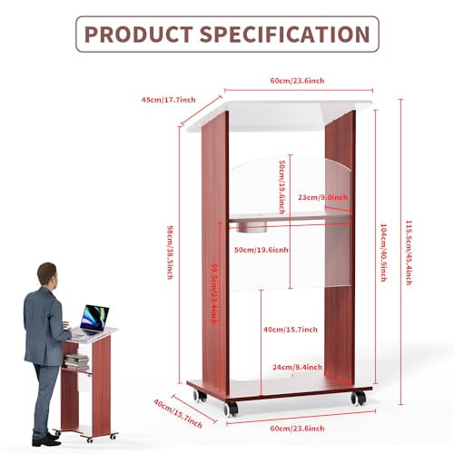 Podium Stand Portable with Wheels, Rolling Podium with Storage and Cup ...
