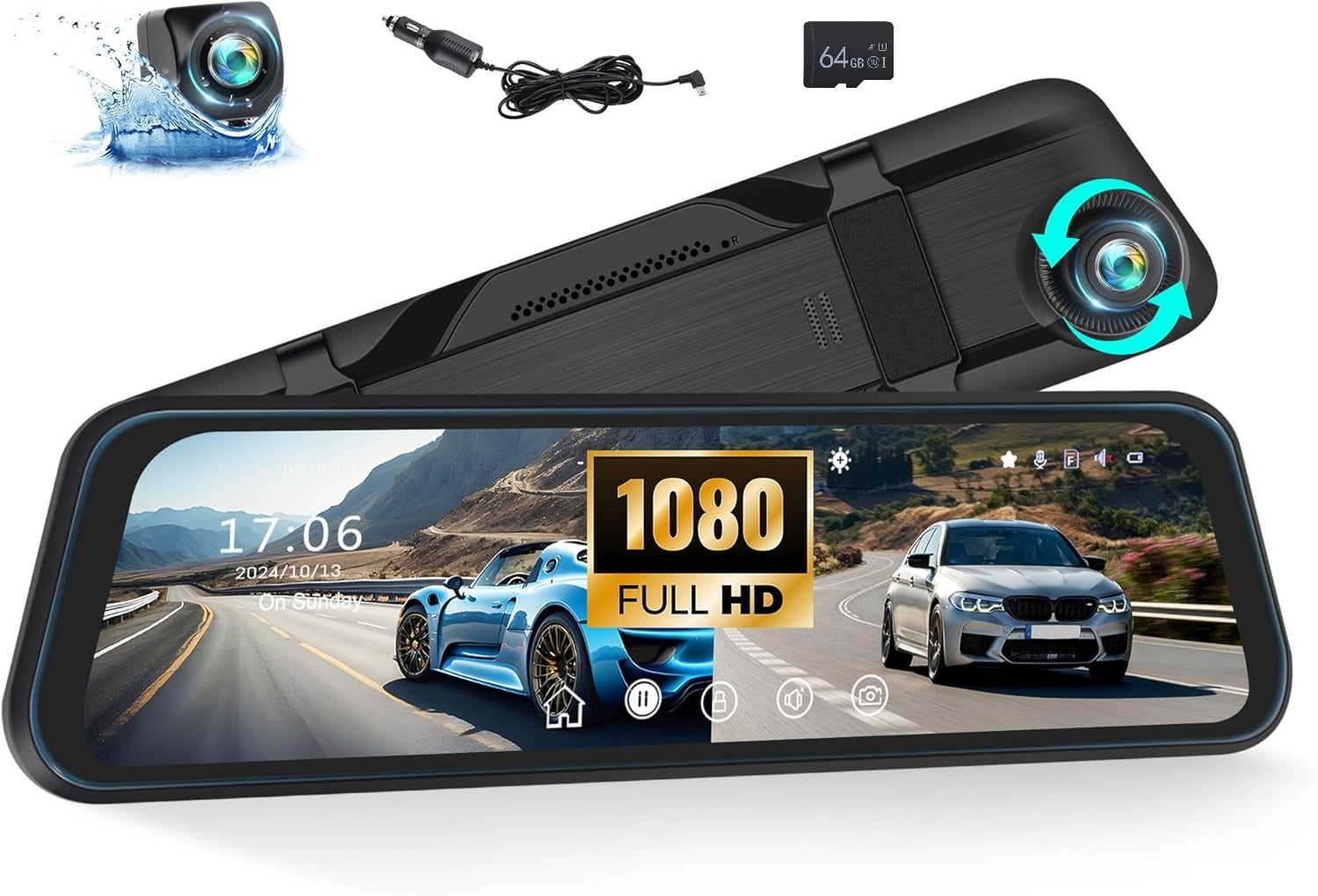 Podofo 12" Mirror Dash Cam,1080P Touchscreen Dual Cameras,Night Vision ...