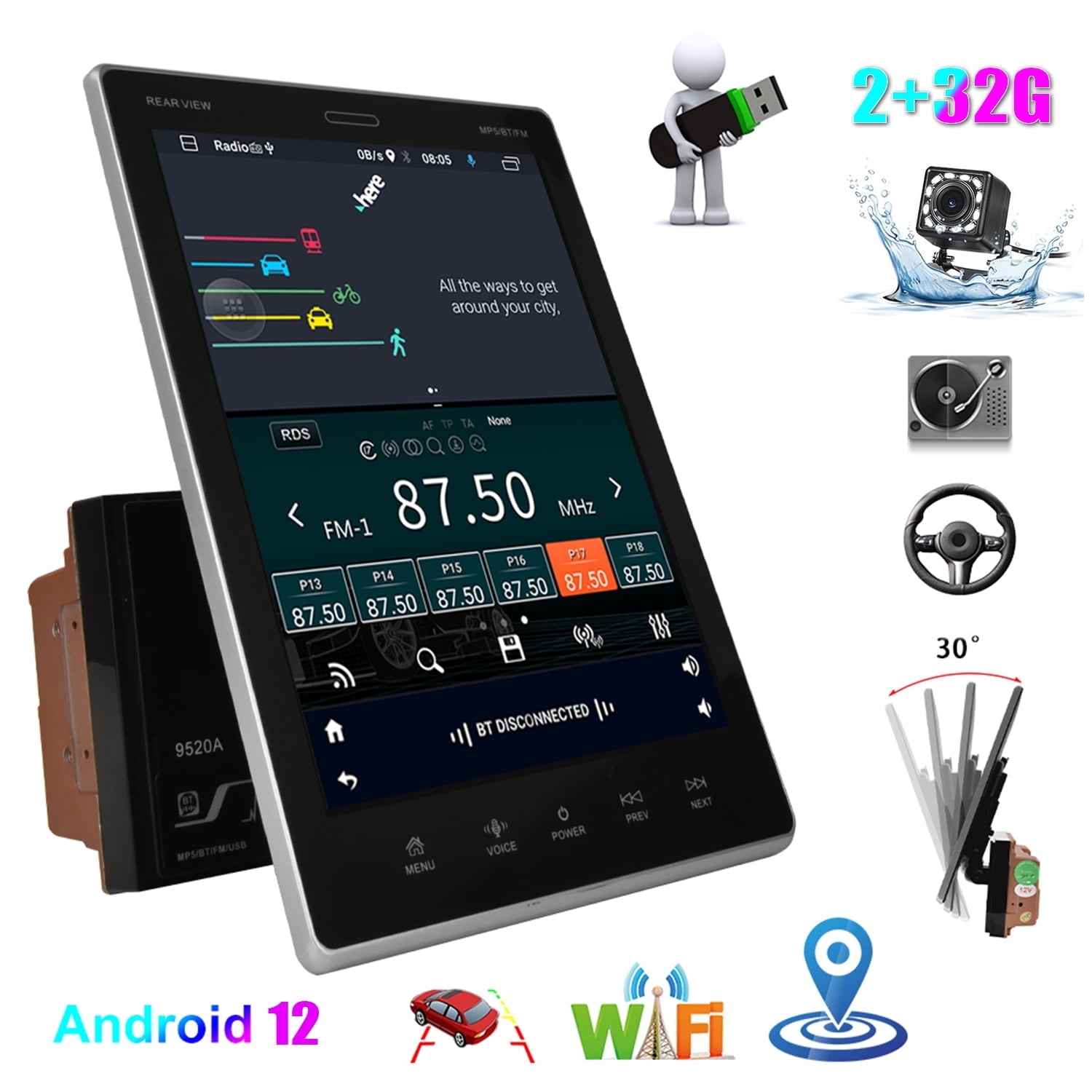Podofo 2+32G 9.5'' Touch Screen Car Radio Android 12, Bluetooth, Wifi ...