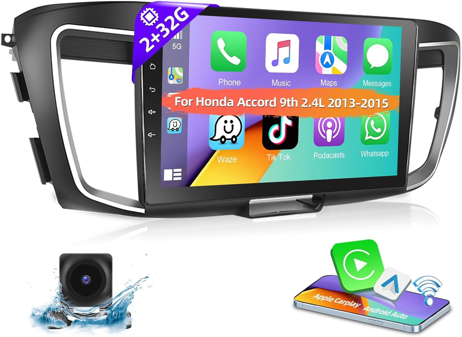 Podofo [2+64G] Car Stereo Radio for For Honda Accord 9th 2.4L 2013-2015 with Wireless CarPlay ...