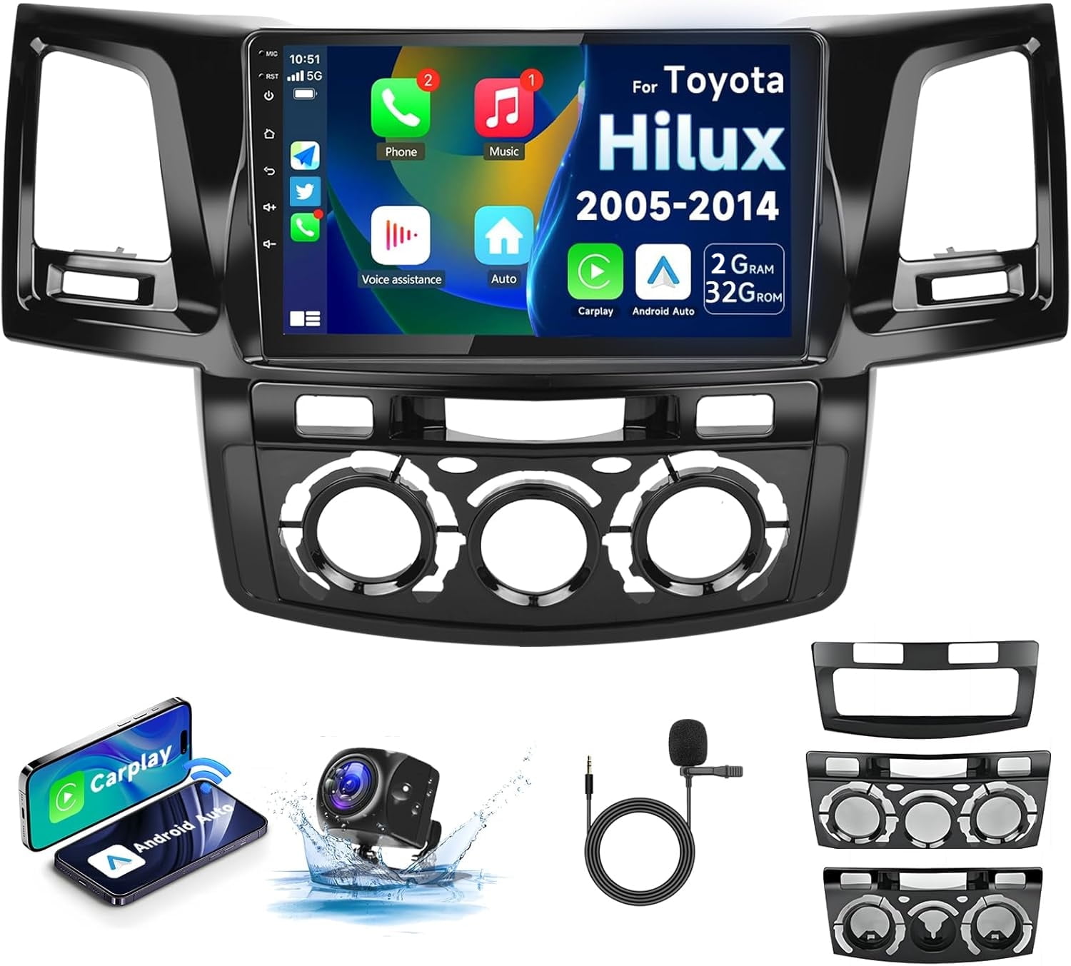 Podofo 2G+32G 9” Touch Screen Car Radio Stereo for Toyota Hilux 2005 ...