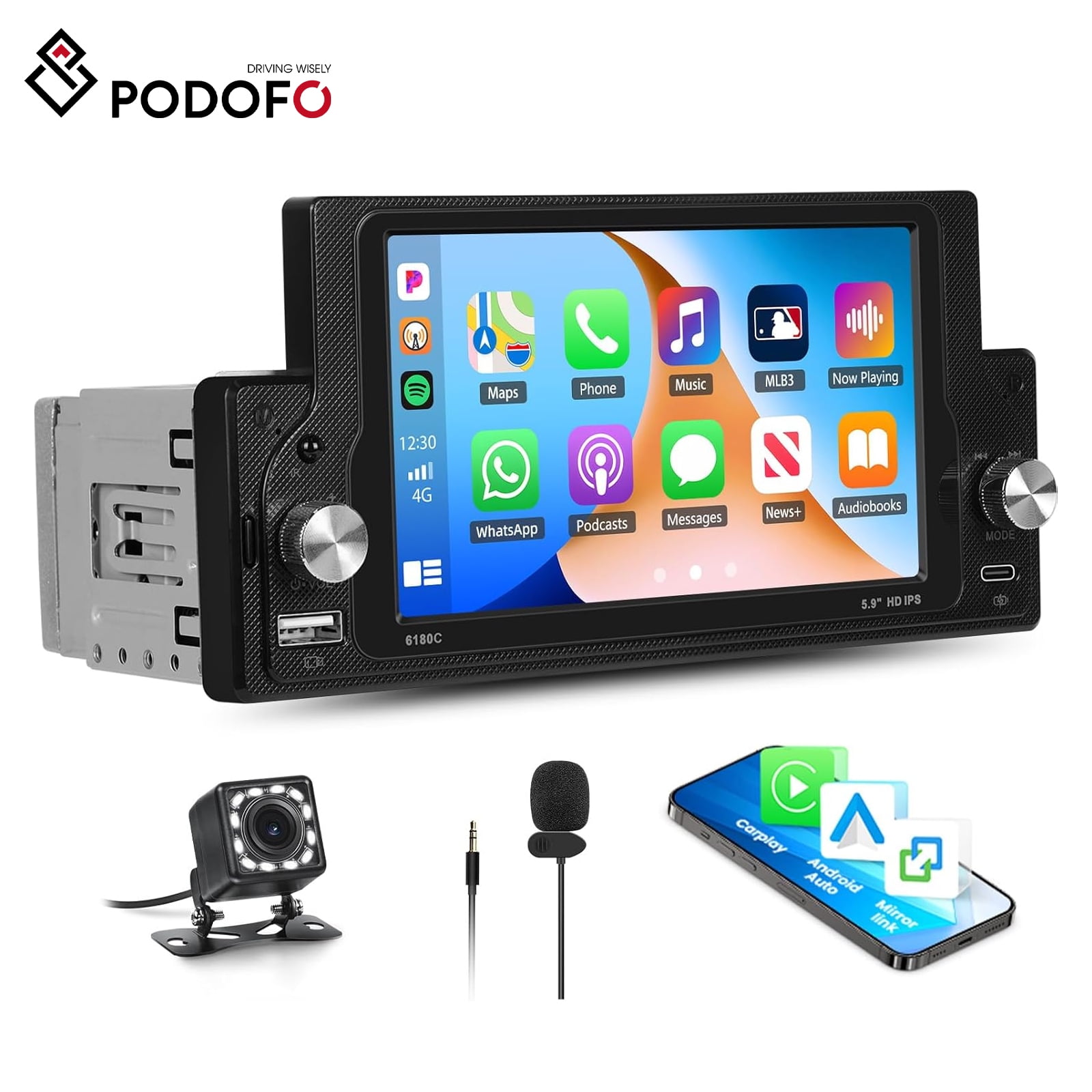 Podofo 5.9 inch 1 DIN Touchscreen Car Radio with CarPlay& Android Auto ...