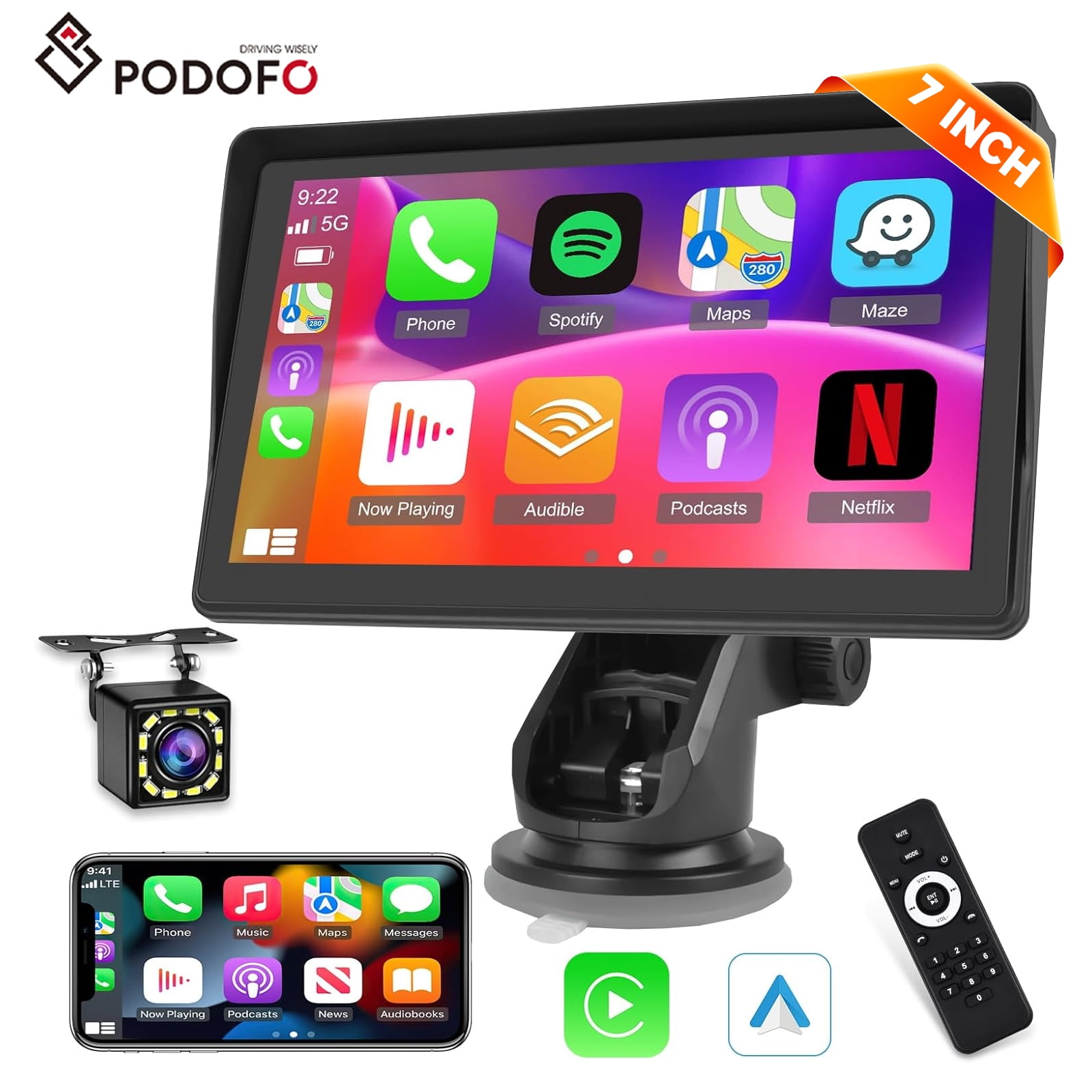 Podofo 7 Inch Protable Apple Carplay Car Screen, Wireless Android Auto ...