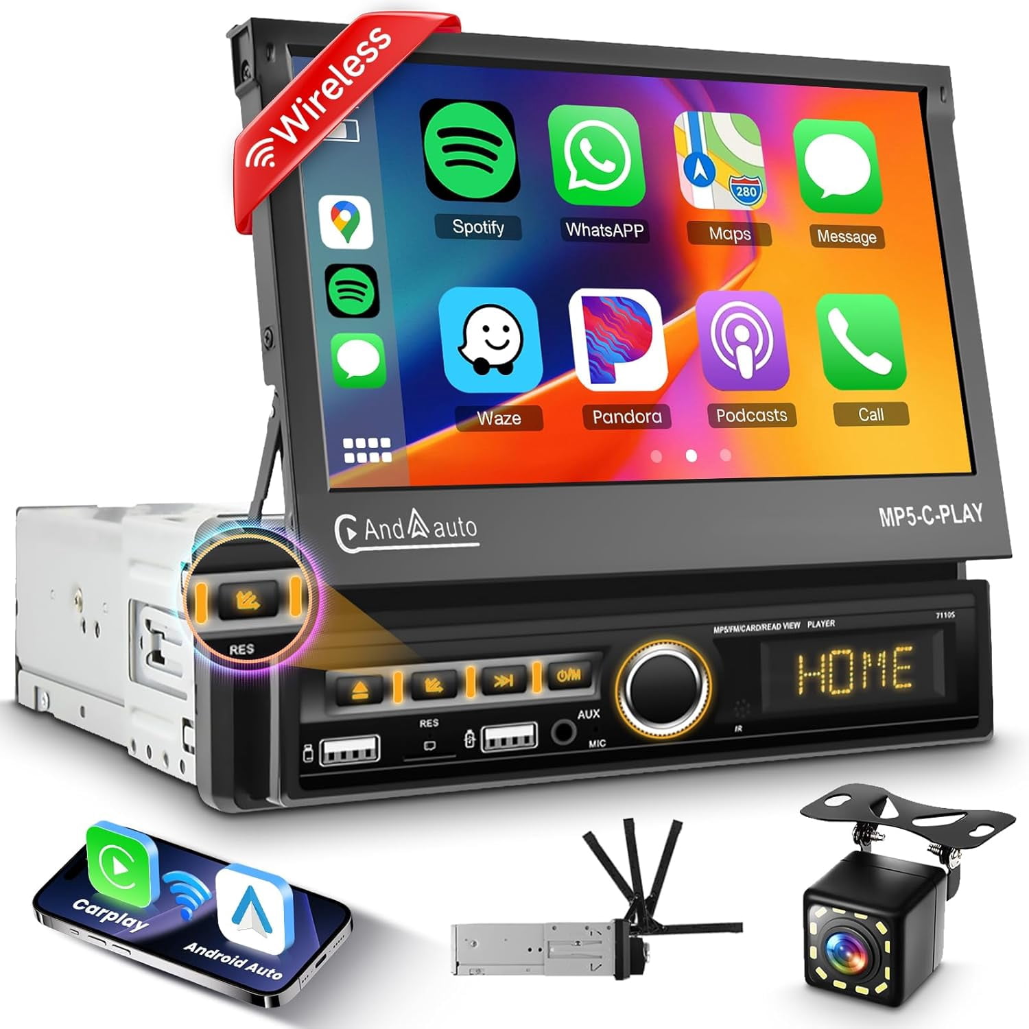 Podofo 7 inch Flip Out Single Din Car Stereo with Apple Carplay Android ...