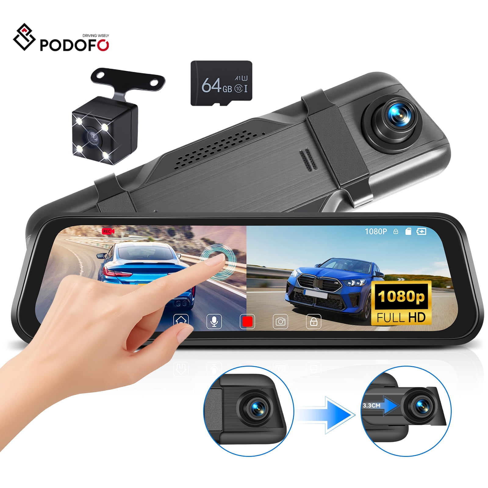 Podofo 9.66" 1080P Touch Screen Dash Cam Mirror for Car Front and 480P ...