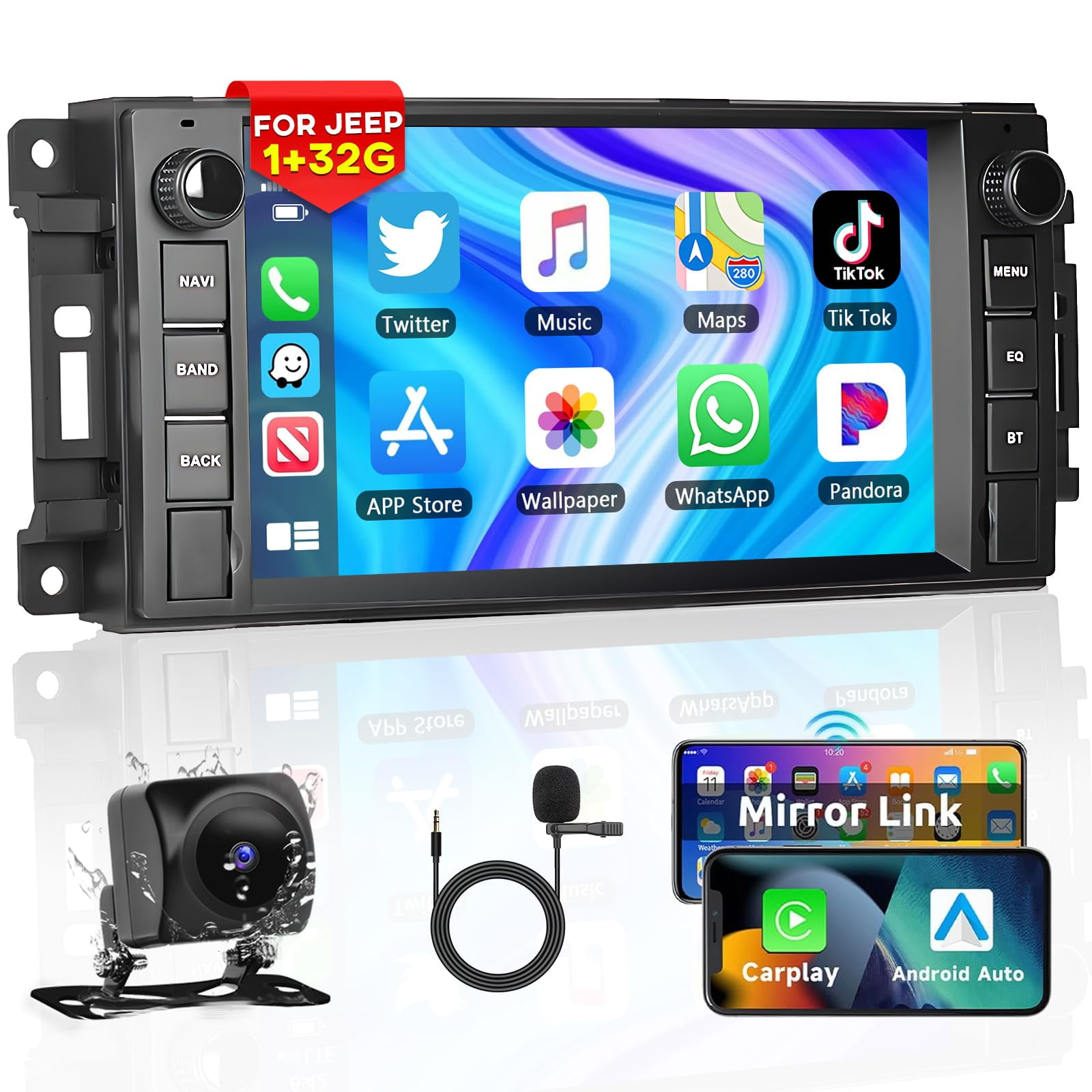 Podofo Car Stereo for Jeep Wrangler JK Compass Dodge Ram with Wireless Apple Carplay Android ...