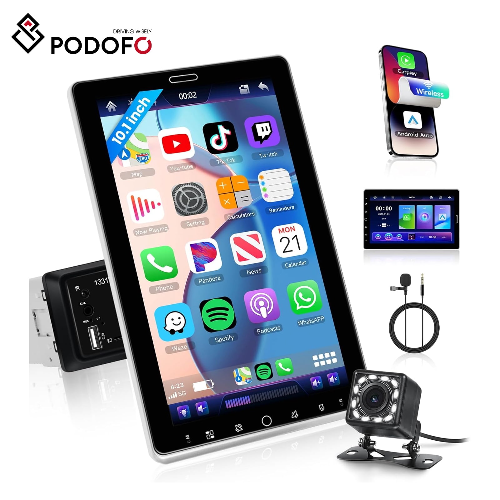Podofo Single DIN Car Stereo 10.1 Inch Touch Screen With Wireless Carplay and Android Auto ...