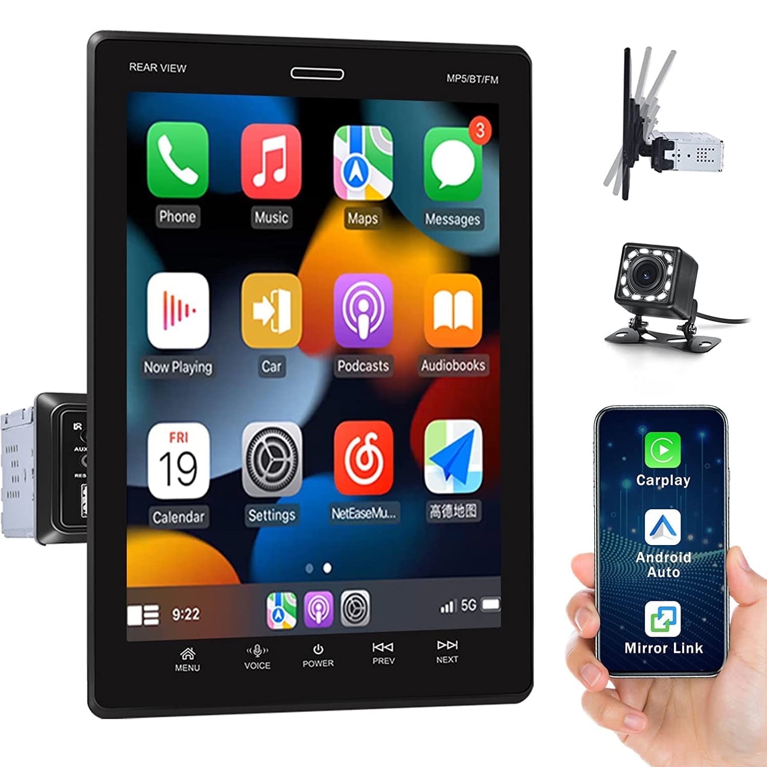 Podofo Single Din 9.5'' Car Stereo with Apple Carplay Android Auto HD ...