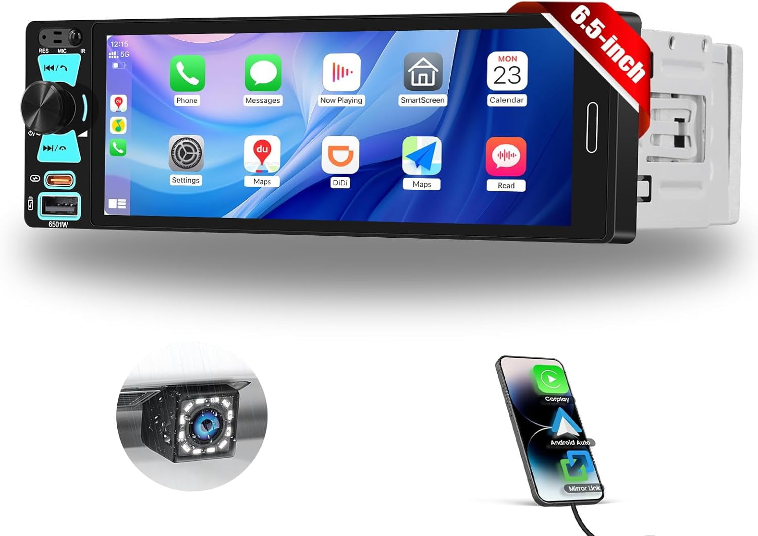 Podofo Single Din Touchscreen Car Stereo with Wireless Carplay&Android ...