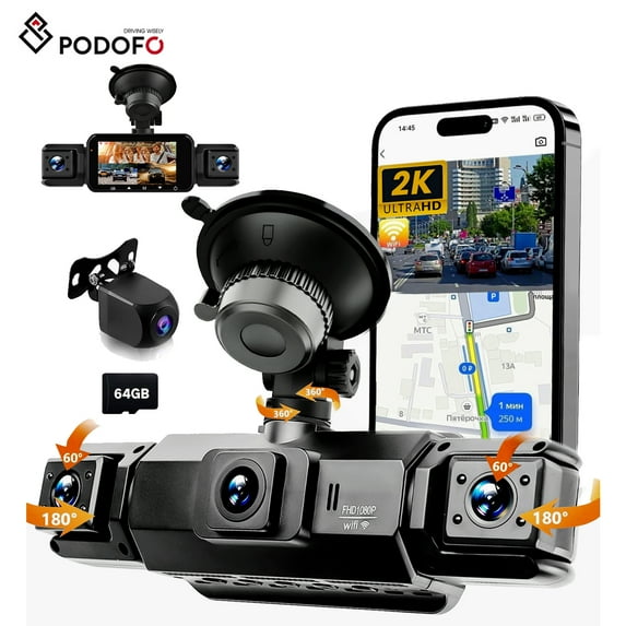 Podofo WiFi 360° 4 Channel 3" IPS 2K+1080Px3 Touchscreen Dash Cam Front ...