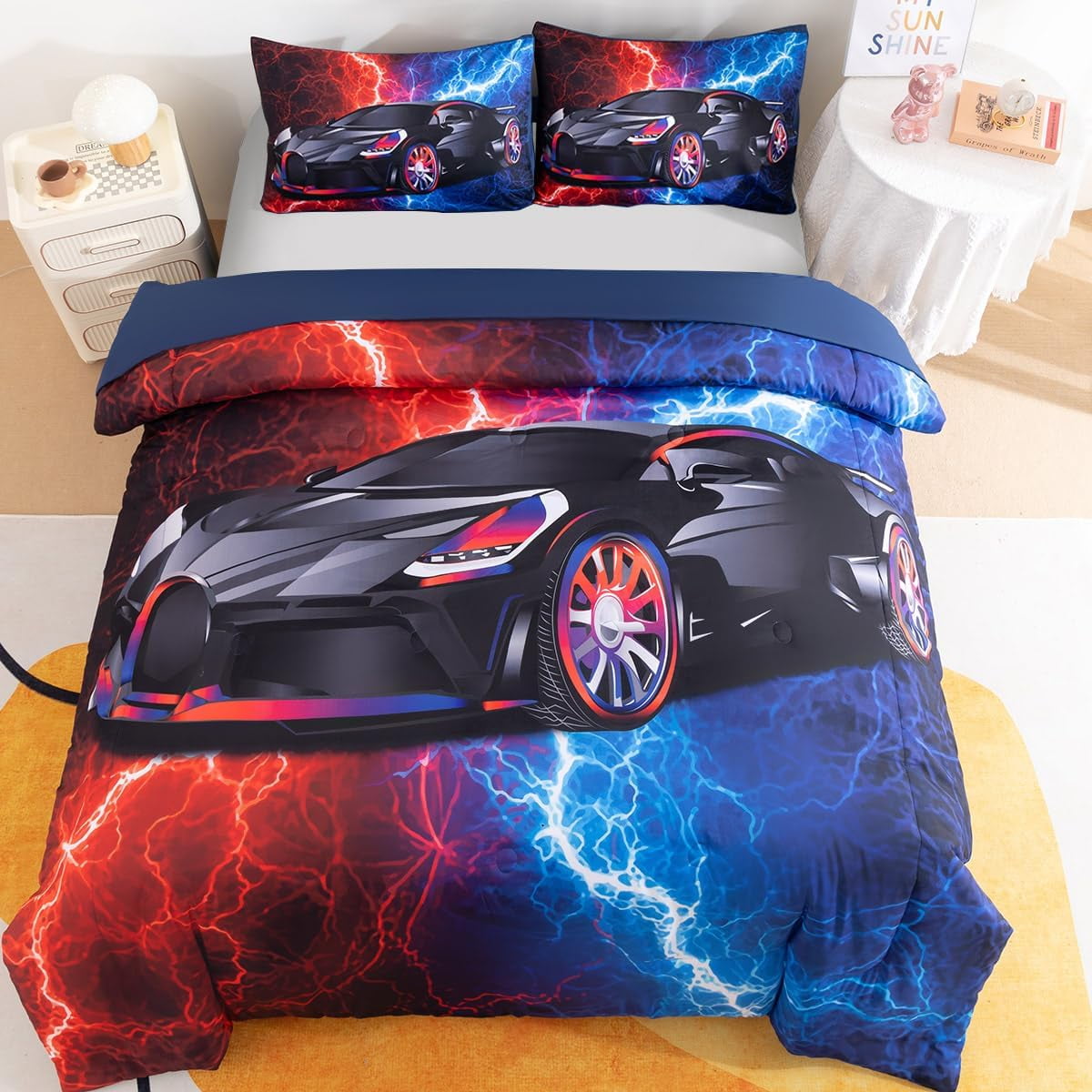 Podol 3 Pieces Race Car Comforter Set Full Size Red and Blue Sports Car ...
