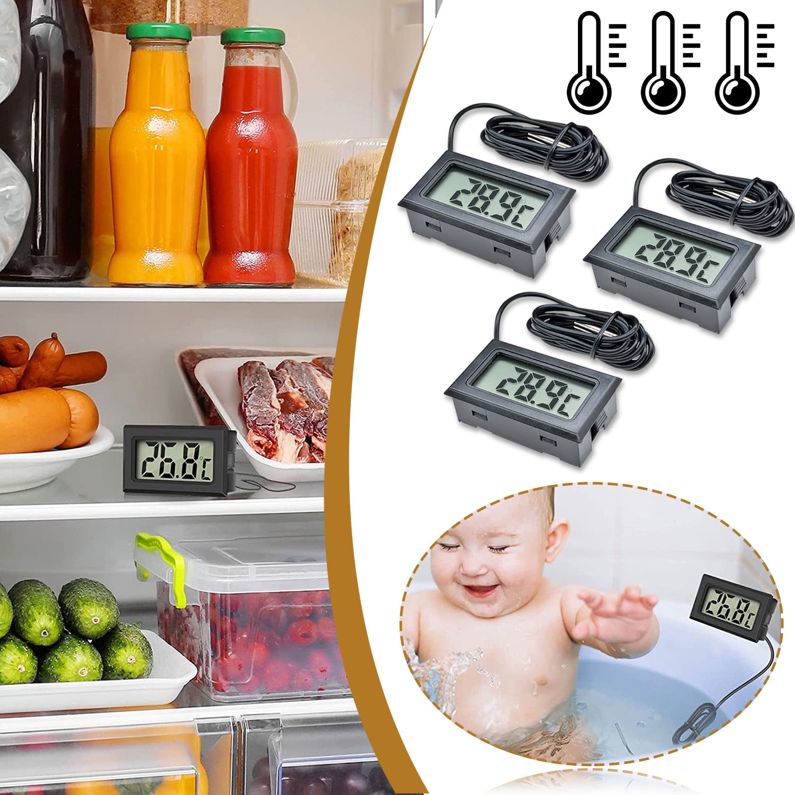 Podplug 3pcs Black Digital Thermometers In Steel For Fridge And Freezer ...