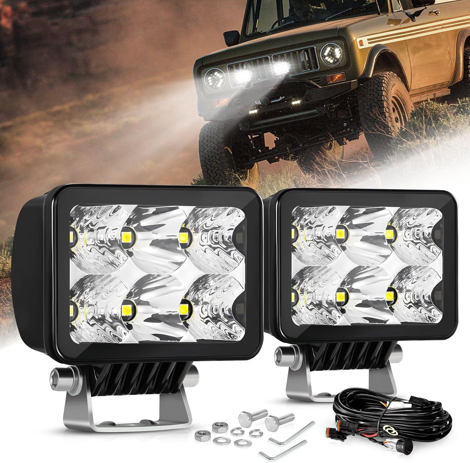 Pods 3 inch 60W, Spot Flood Combo 7200LM Square Offroad Cube Light Bar ...
