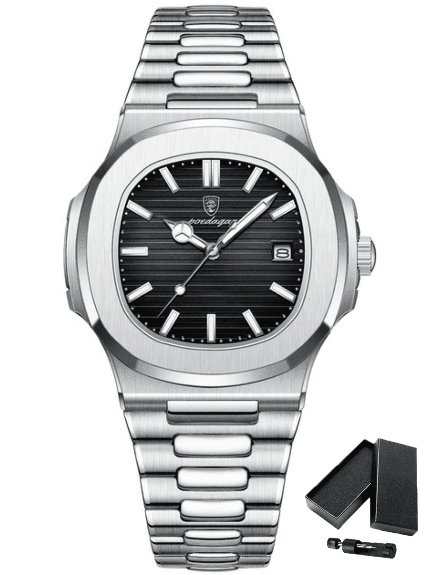 Poedagar Men's Business Luxury Square Classic Stainless Steel Luminous ...