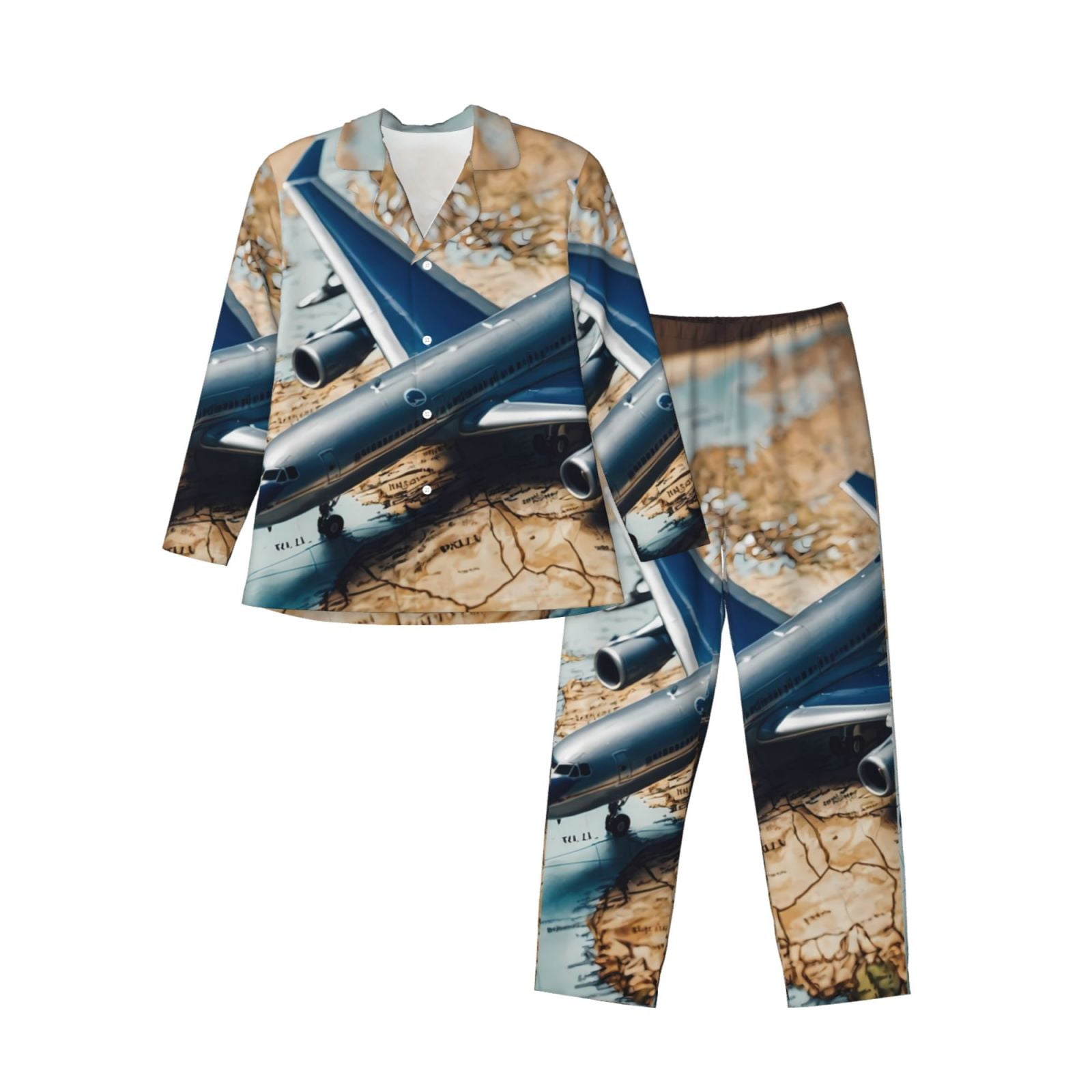 Pofeuu Airplane World Map Adventure Print Men's Long Sleeve Pajama Set ...