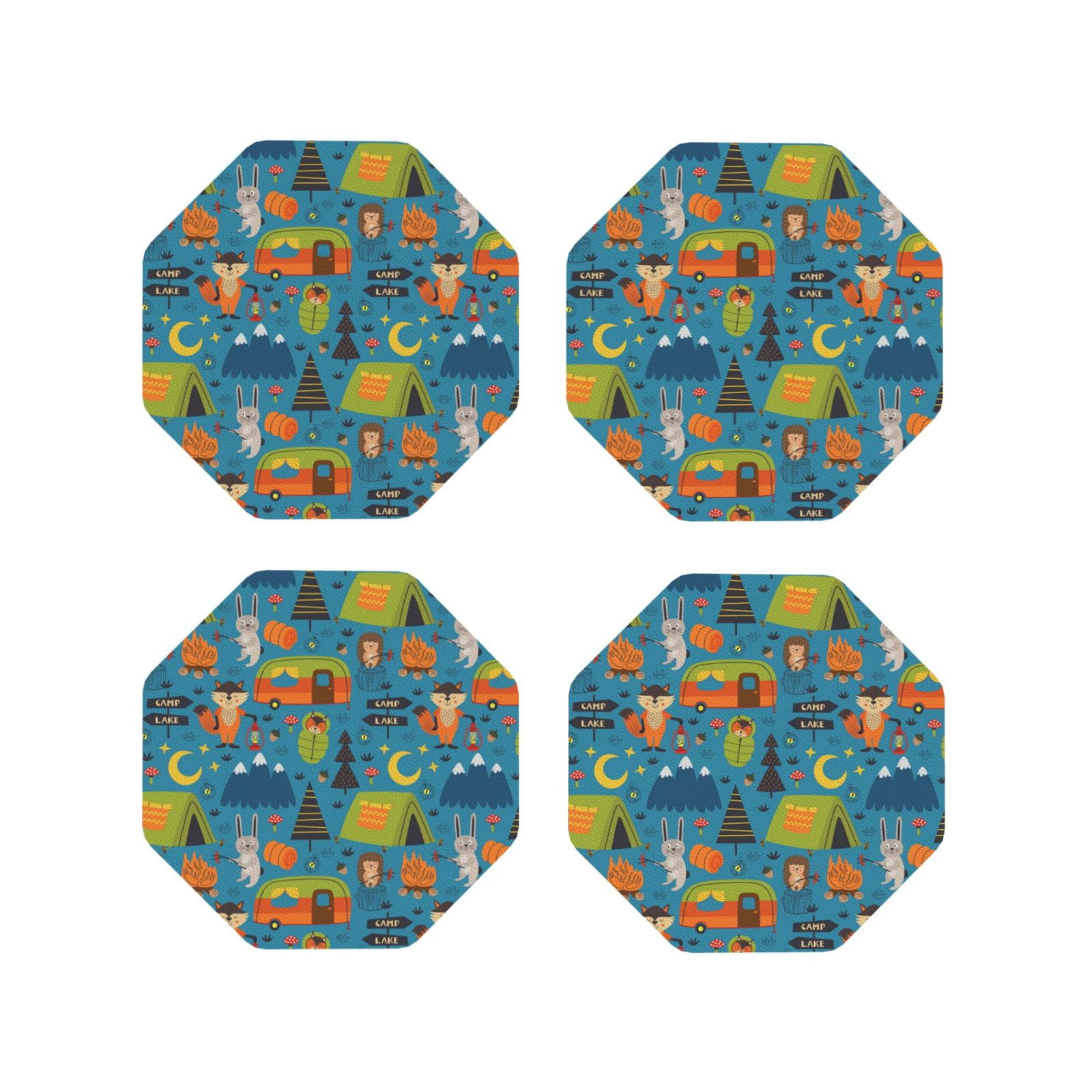 Pofeuu Animals In Camping Print Coasters for Drinks, 4Pack PU Leather ...
