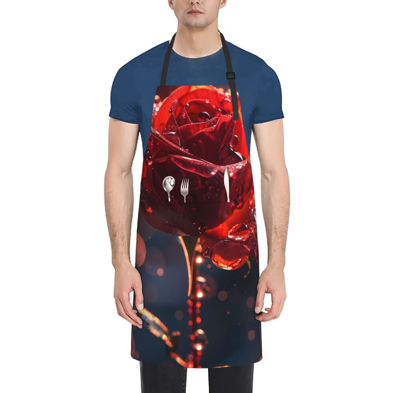 Pofeuu Artistic Dewdrop Rose Print Waterproof Apron with Pockets ...